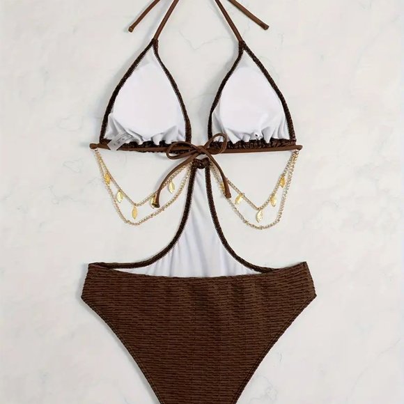 Swim | Stunning Brown Monokinis With Gold Chains And Gold Accents ...